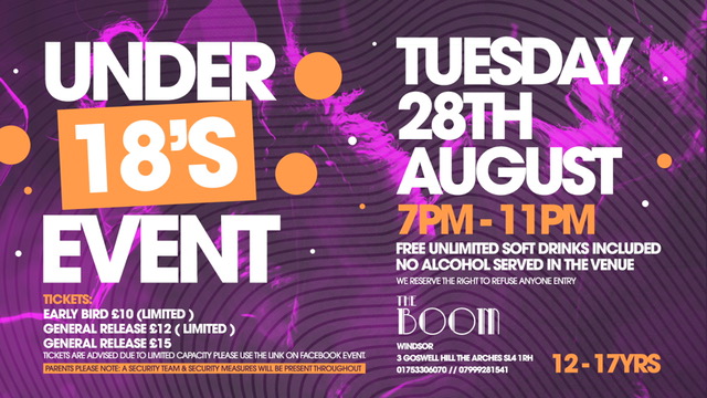 Under 18's Club Night at The Boom , Windsor on 28th Aug 2018 | Fatsoma