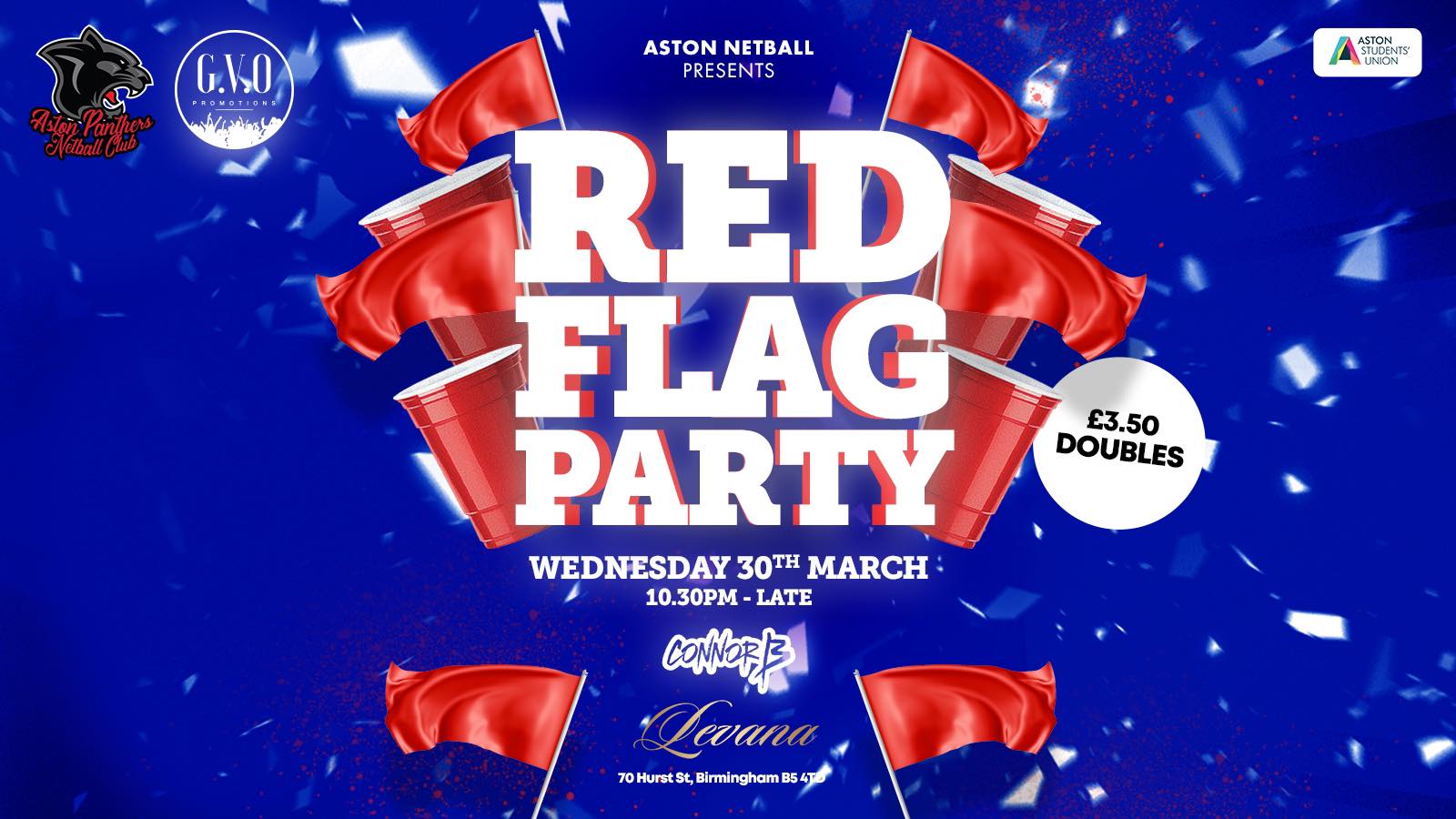 Gvo/Aston Netball: Red Flag Party at Levana Bar, Birmingham on 30th Mar 2022 | Fatsoma